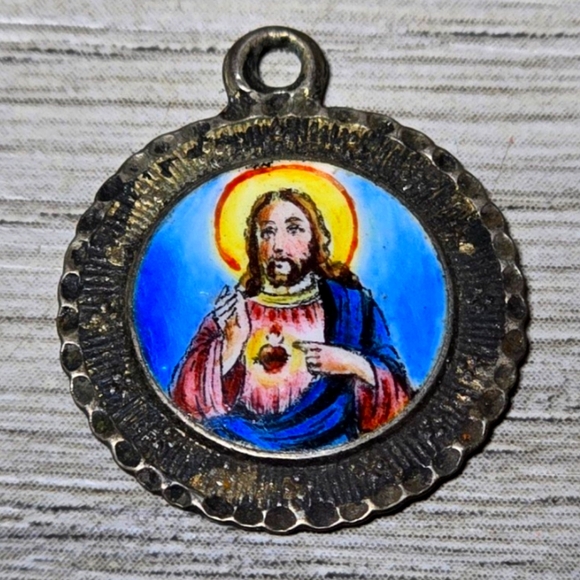 Antique | Jewelry | Antique Hand Painted Jesus Christ Religious Medal ...